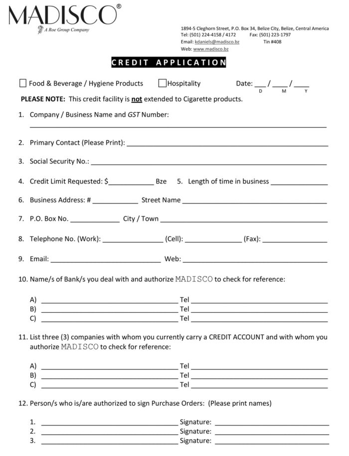 MADISCO | Credit Application Form